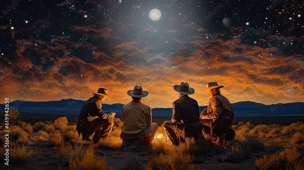 a horizontal of a Cowboys, Cowgirls celebrating under a western sunset ...