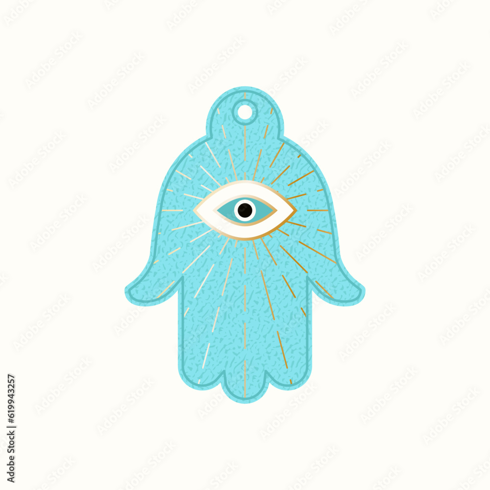 Hamsa symbol with evil eye in light turquoise and gold on white ...