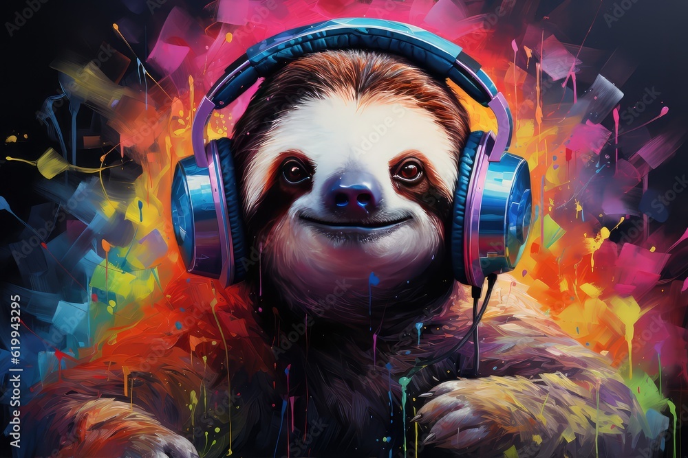 Sloth wearing vibrant headphones inviting into a world of delightful ...