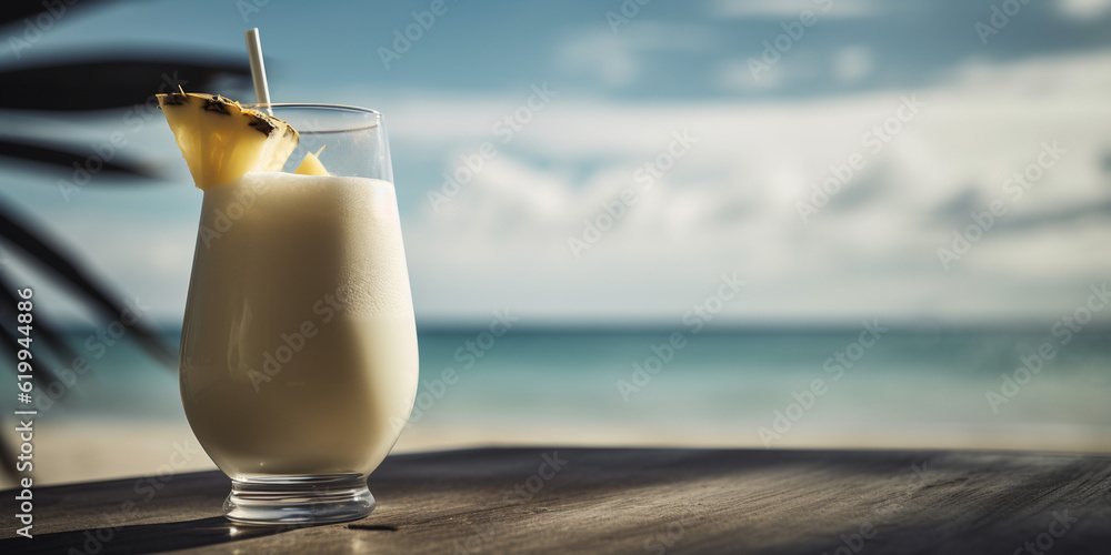 Generative AI, pina colada cocktail in a glass goblet on the background ...