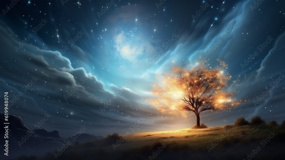 Ethereal celestial stars and night sky over nature landscape in dreamy ...