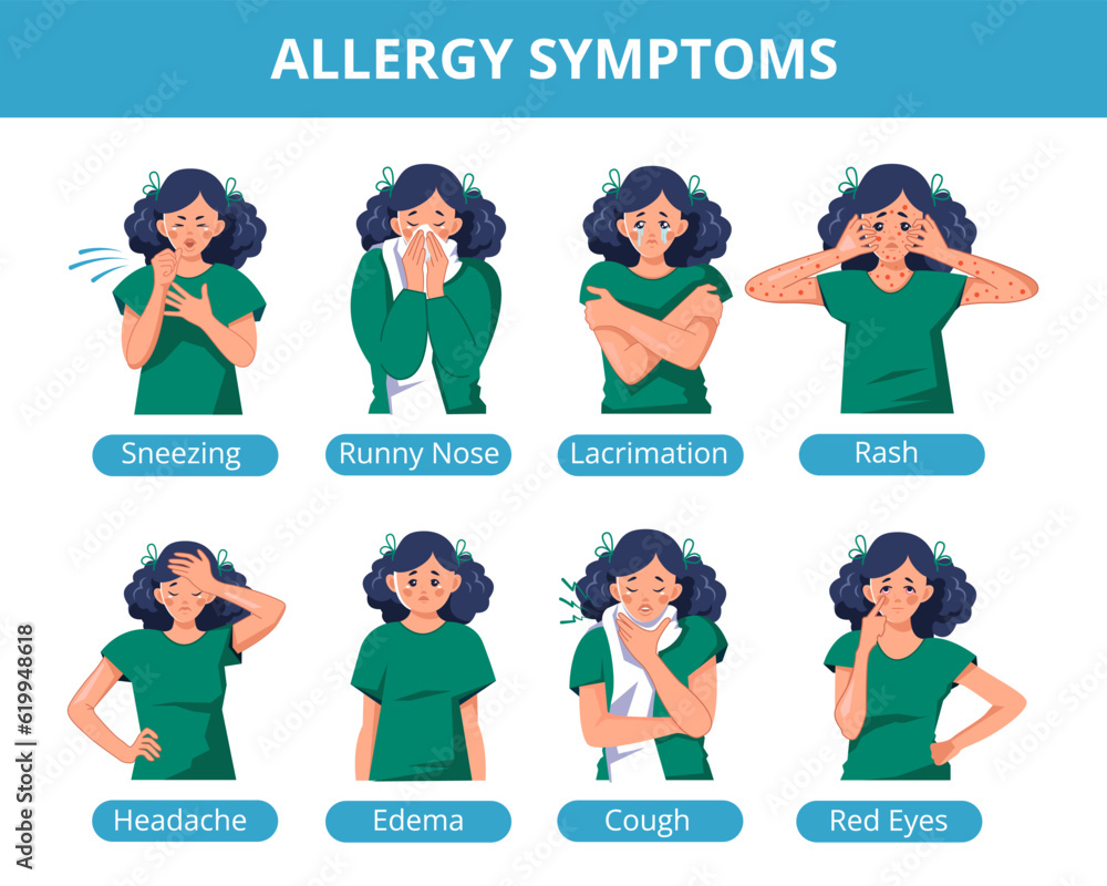 Allergy Symptoms. Informational medical poster with text and a woman ...