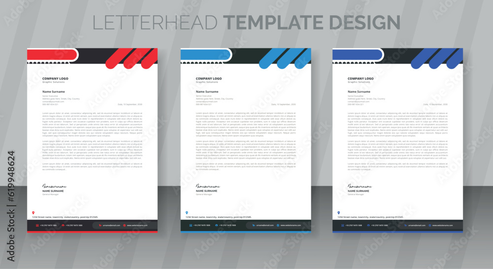 corporate modern letterhead design template with Cyan, blue and red ...