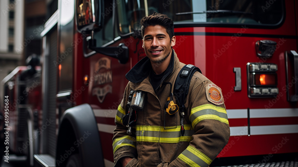 A firefighter leaning against a fire truck, their posture exuding ...