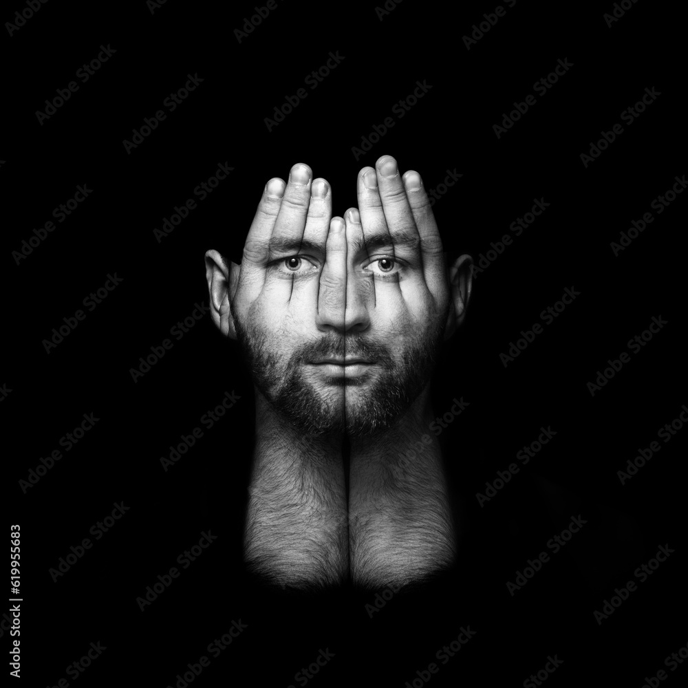 surreal portrait of a man covering his face and eyes with his hands ...