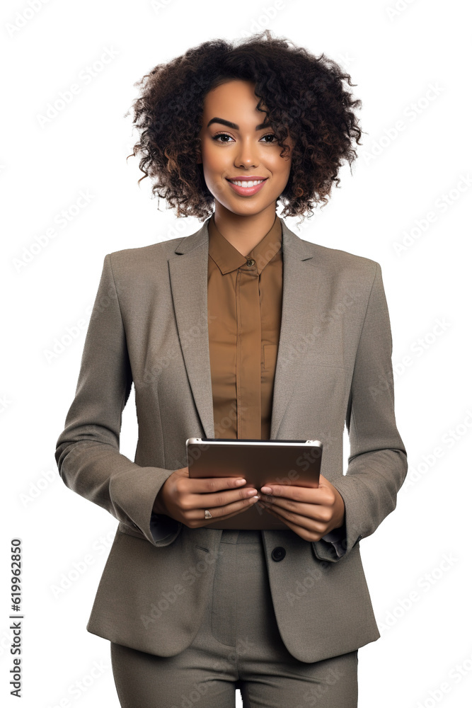 Beautiful young CEO woman holding digital tablet posing over isolated ...