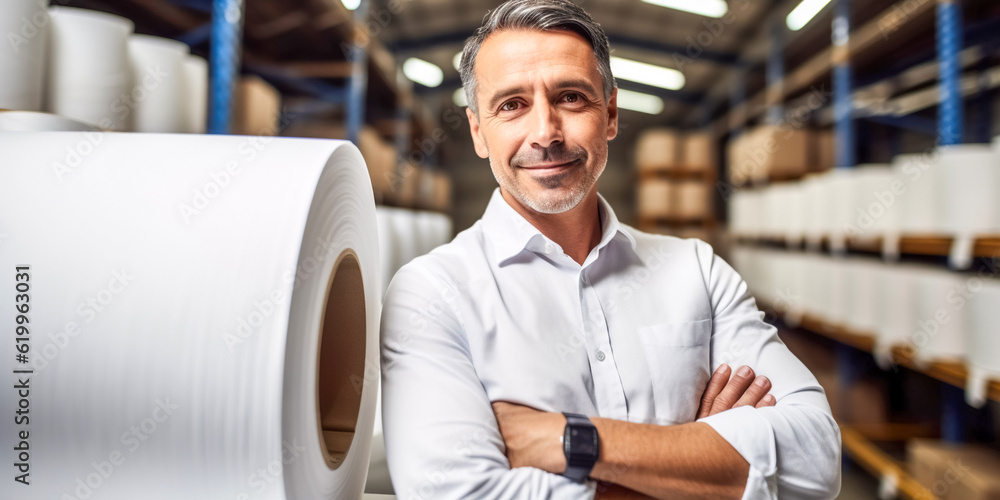 Paper mill factory male entrepreneur with Big White Paper Rolls Placed ... Paper mill factory male entrepreneur with Big White Paper Rolls Placed ...