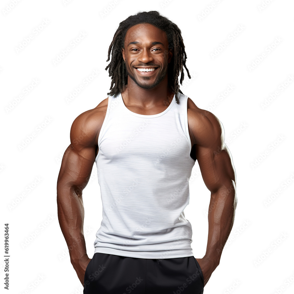Front view of happy African American man body builder over isolated ...