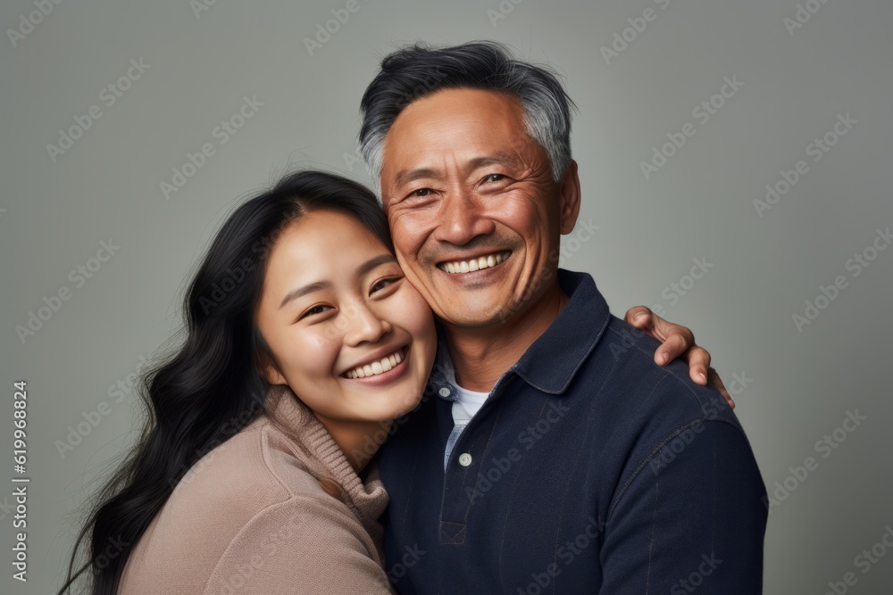 Happy asian father and daughter hugging and smiling at the camera on ...