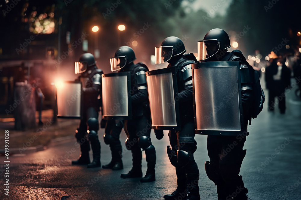 Anti-Riot Special Police Squad Lined Up with Raised Shields in Road in ...
