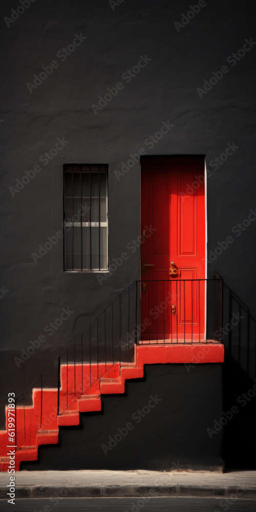 Idyllic front view photo of old red black house in the old city ...