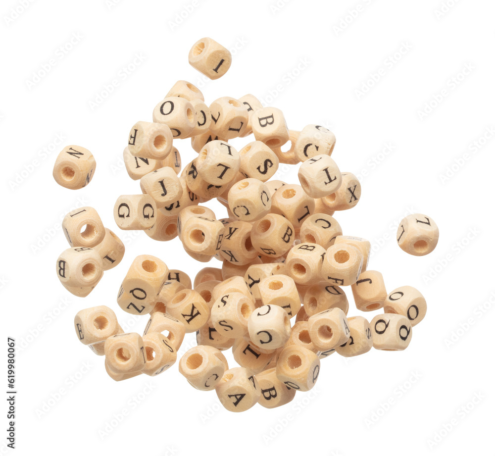 Alphabet letter word wooden bead explode fly in air. Many group of ...