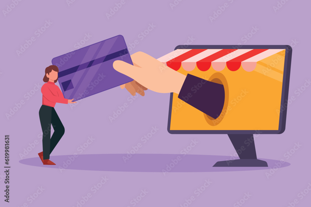 Cartoon flat style drawing beauty female inserting credit card into ...