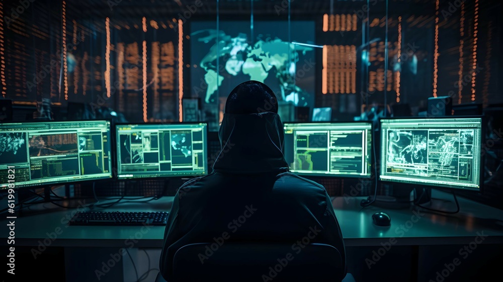Anonymous hacker, immersed in a high-tech control room, surrounded by ...