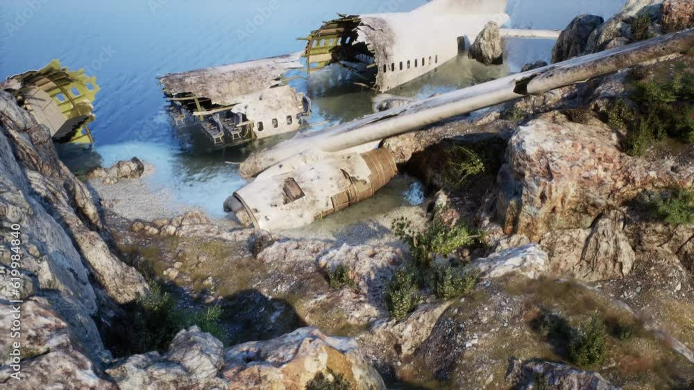 Decaying plane on craggy island seashore Stock Video | Adobe Stock