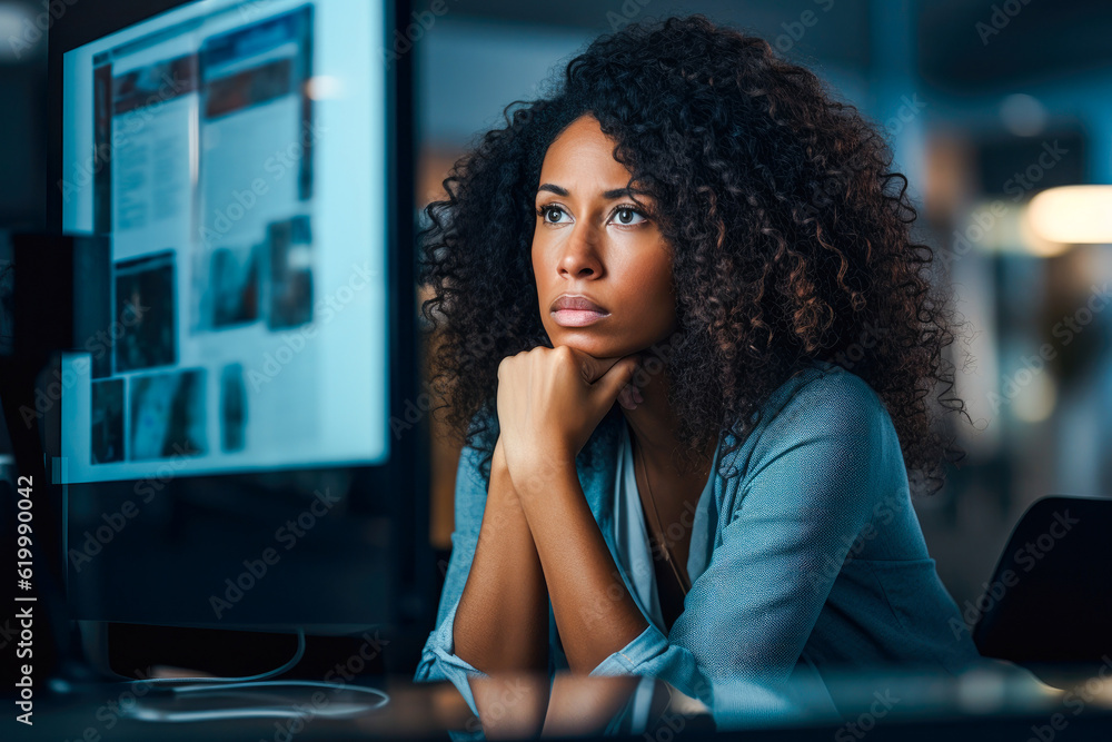 African American woman at office workplace, her intense gaze on the ...