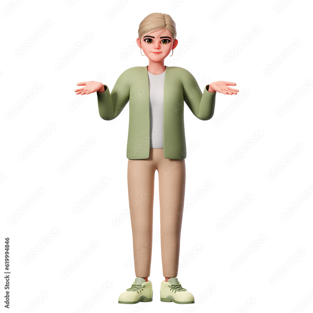 Woman with well-dressed showing shruging pose, 3D Character Render ...