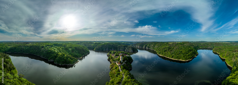 Aerial view of early Gothic Zvikov castle on difficult-to-access and ... Aerial view of early Gothic Zvikov castle on difficult-to-access and ...