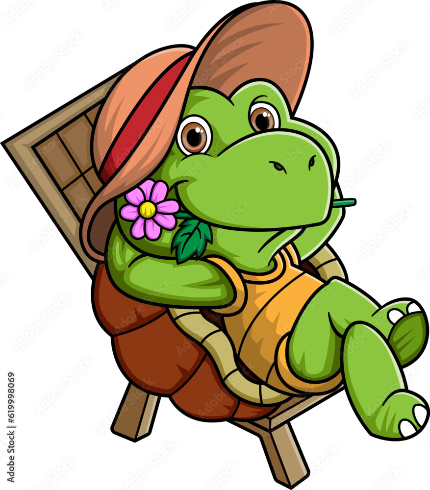 Cartoon turtle sitting on beach chair and a flower Stock Vector | Adobe ...