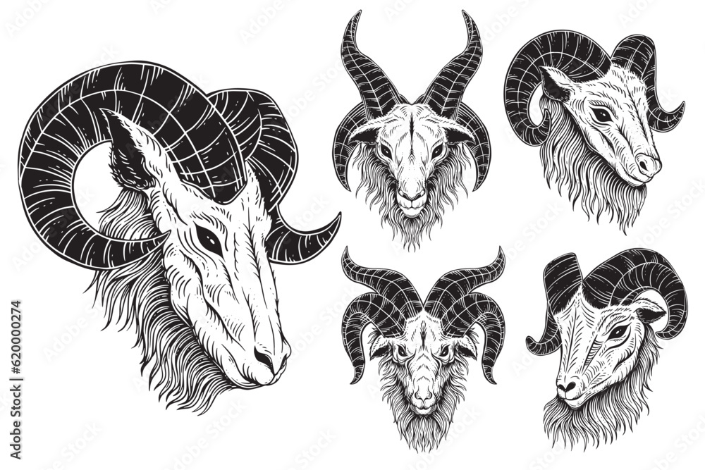 Set Bundle Satanic Goat Head horns Sheep Skull Dark Art black white for ...