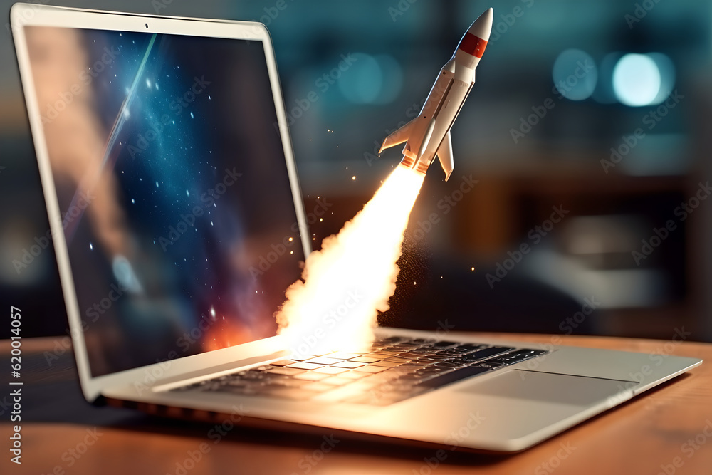 Rocket taking off from laptop screen. Launching Innovation Laptop ...