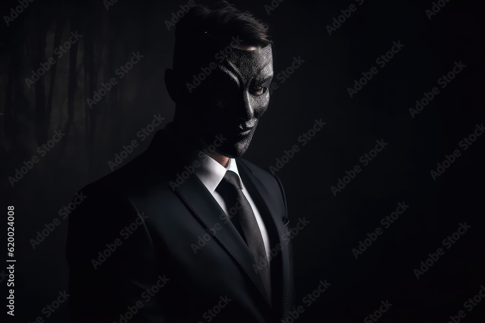 Concept of a liar, a man in a suit wearing black mask. Hiding his true ...