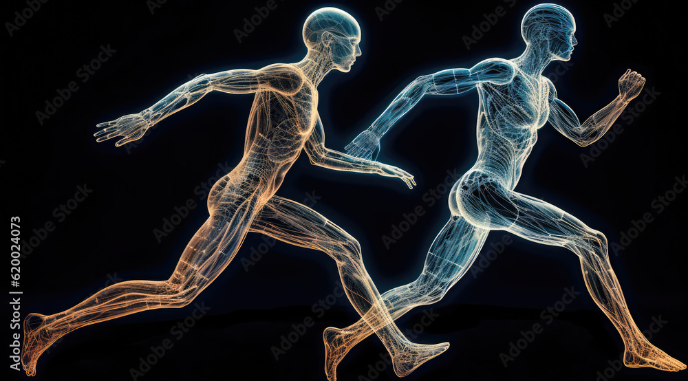 two characters one with a glowing body are being ran down, in the style ...