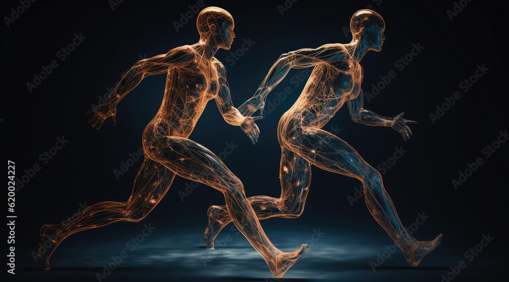 two characters one with a glowing body are being ran down, in the style ...