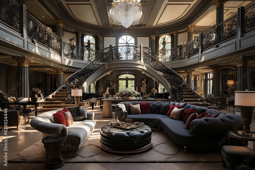 Interior of a mansion with an imperial staircase leading to the top ...
