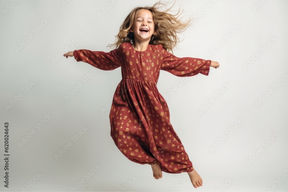 Cute little girl jumping in the studio on a white background. Stock ...
