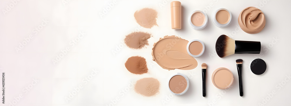 Liquid foundations, makeup brush, swatches and face powder on white ...