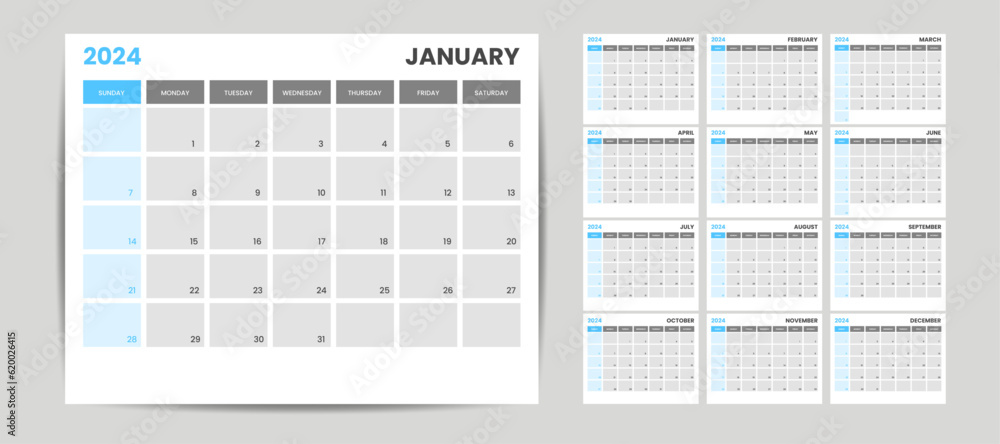 Monthly calendar template for 2024 year. Editable text calendar 2024 ...