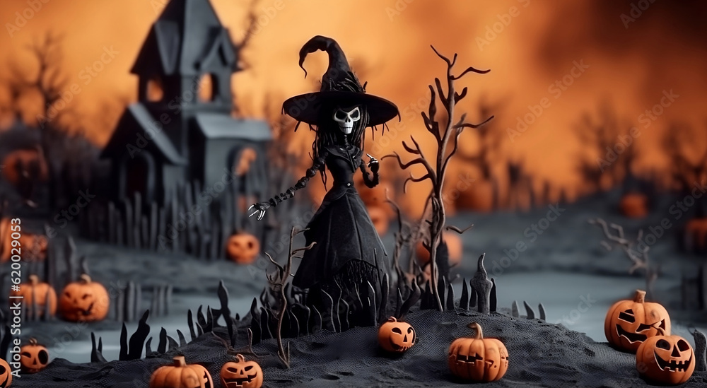 Skeleton witch with black castle on small hill and grave Halloween ...