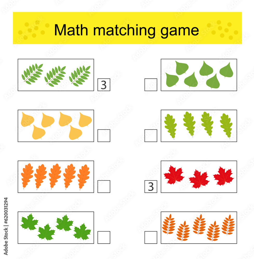 Math matching game for kids. Count leaves and match the same. Preschool ...