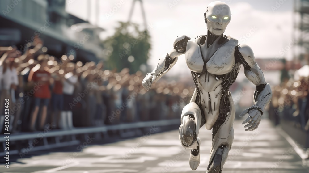 A running humanoid robot in a marathon race with many people in the ...