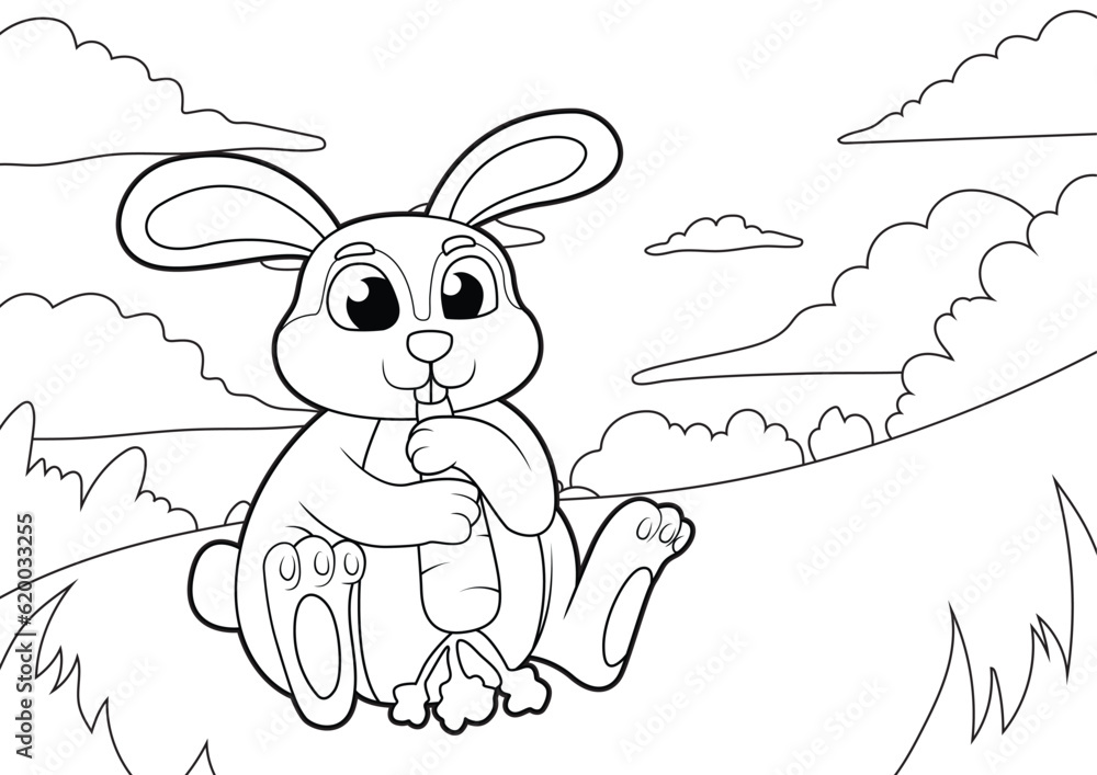 Cartoon cute Rabbit eating Carrot Coloring Page, Kids Coloring Book ...