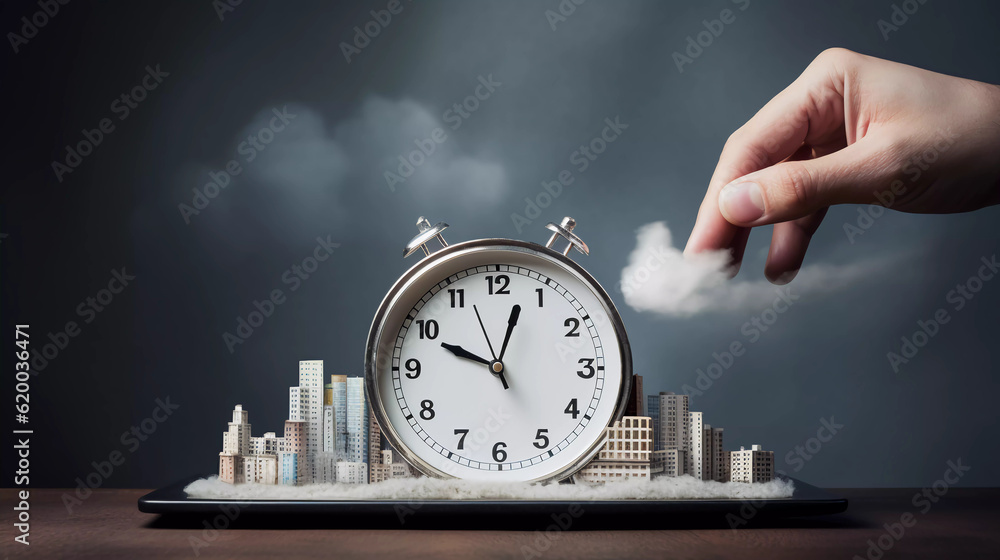 Alarm clock on fluffy white clouds and black background, time ...