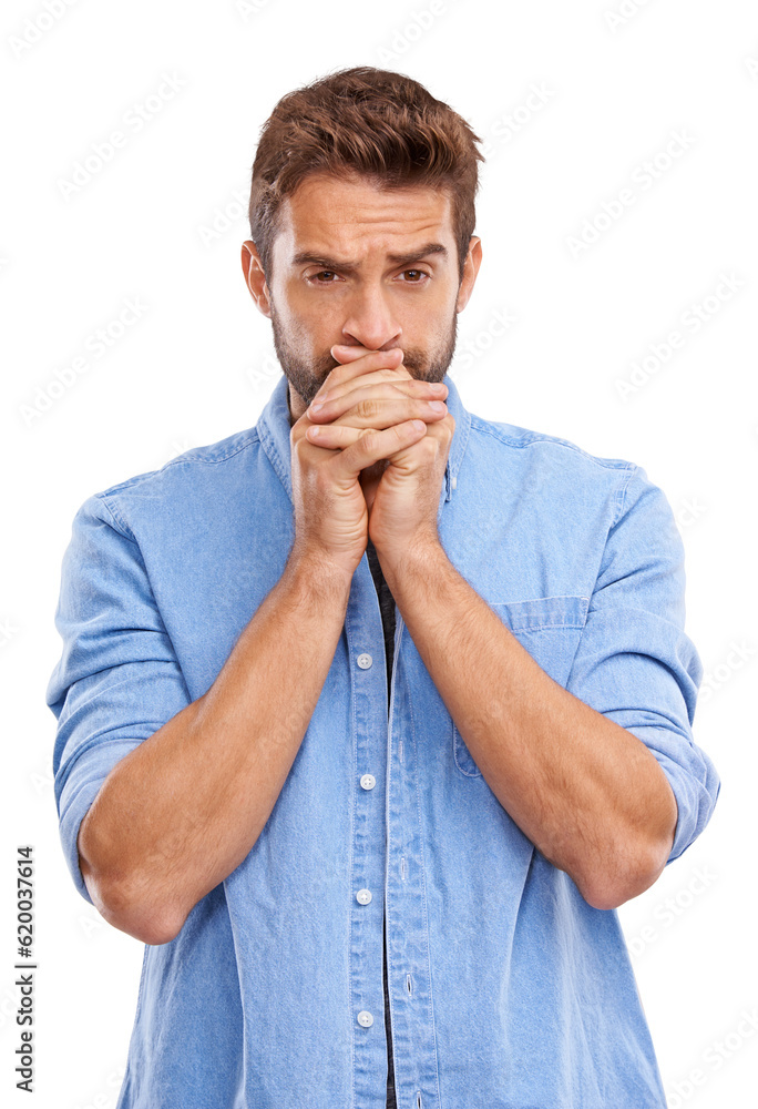 Worried, fear and portrait of man scared with stress expression isolated in a transparent or png ...