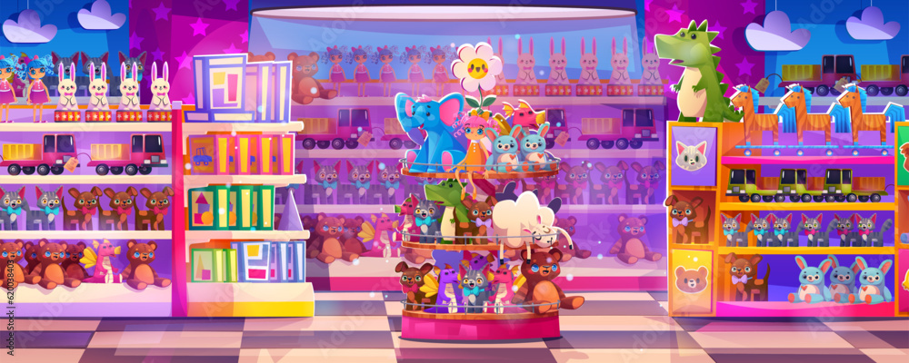 Toy store interior with shelves cartoon background. Magic vector ...