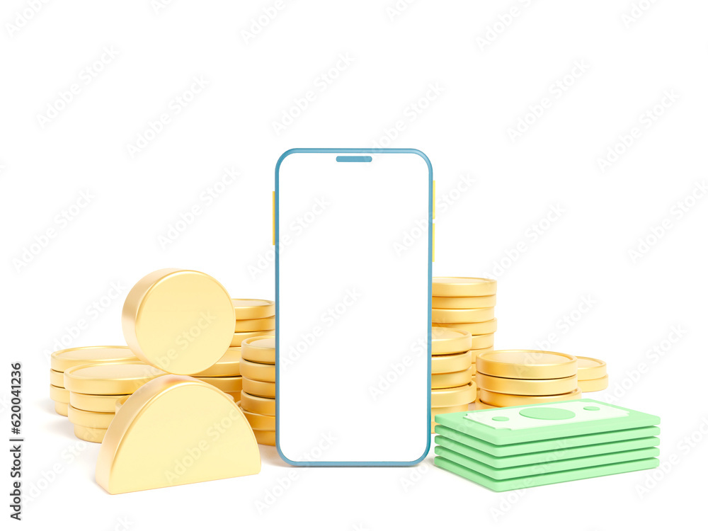 Mobile phone and money on isolated white background. Online shopping ...