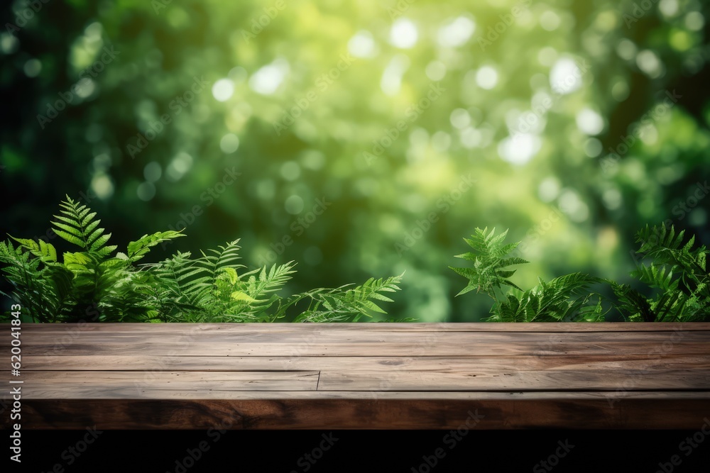 Wooden table with forest background and green leaves Generative AI ...