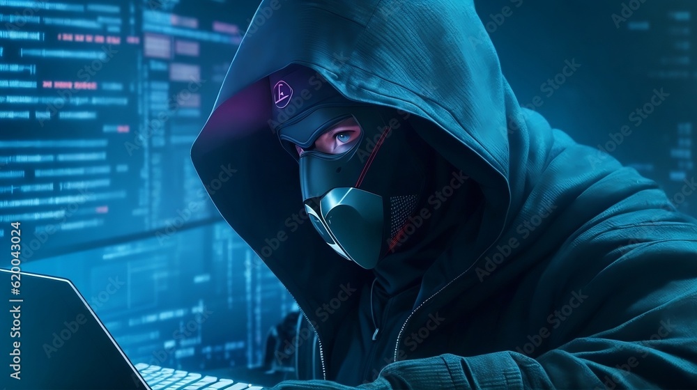 Cybersecurity Breach, Masked Hacker in a Coding Environment Stock ...