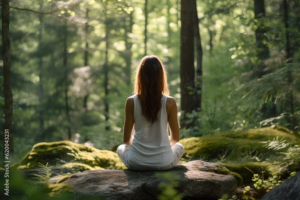 Young woman practicing mindfulness meditation in natural environment ...