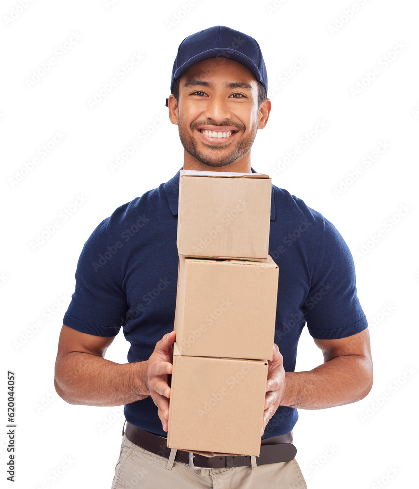 Delivery man, portrait and shipping export with boxes, happy and ...