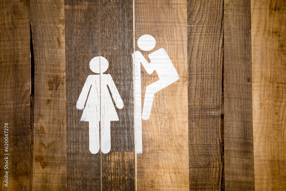 Poster Funny wc restroom symbols man trying to look at woman in toilet ...