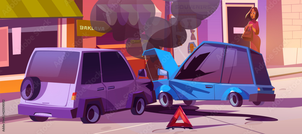 Scared woman looking at car accident on city street. Vector cartoon ...