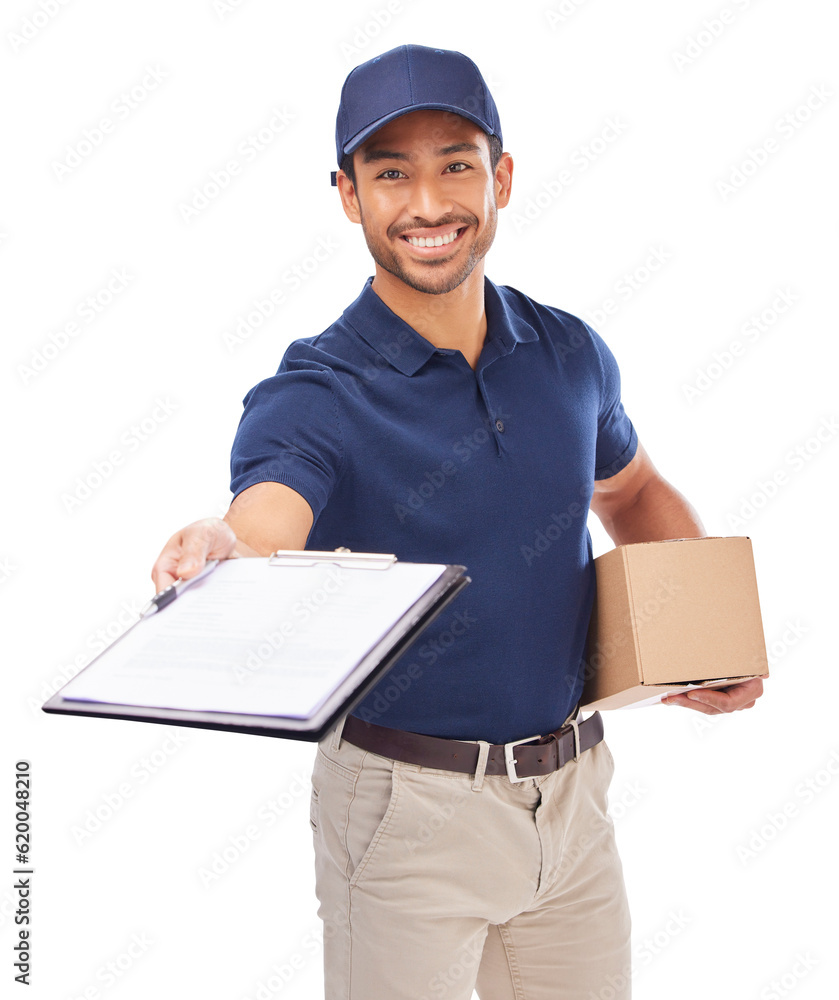 Delivery man, shipping box and clipboard, sign and e commerce with ...