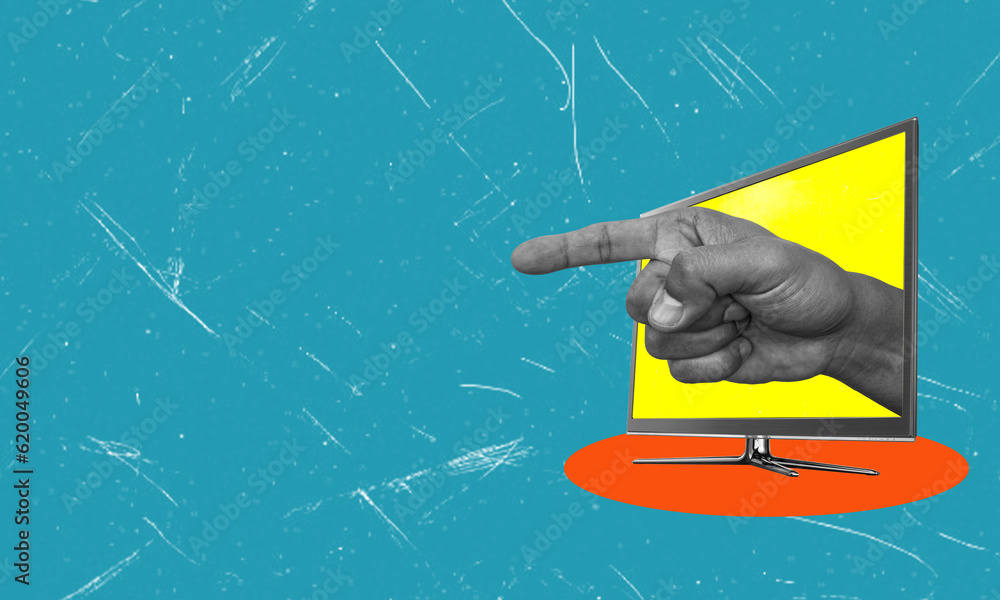 Abstract art collage, digital collage, finger pointing from a modern TV ...