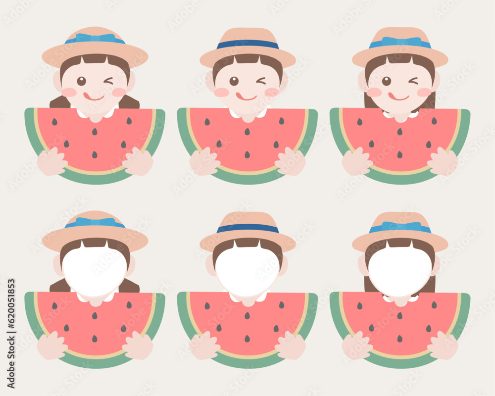 여름철 수박 먹는 어린이 캐릭터 얼굴합성 일러스트 이미지 세트 Stock Vector Adobe Stock