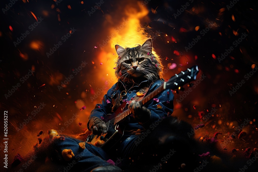cat playing guitar on stage hippie dress like jimi hendrix illustration ...